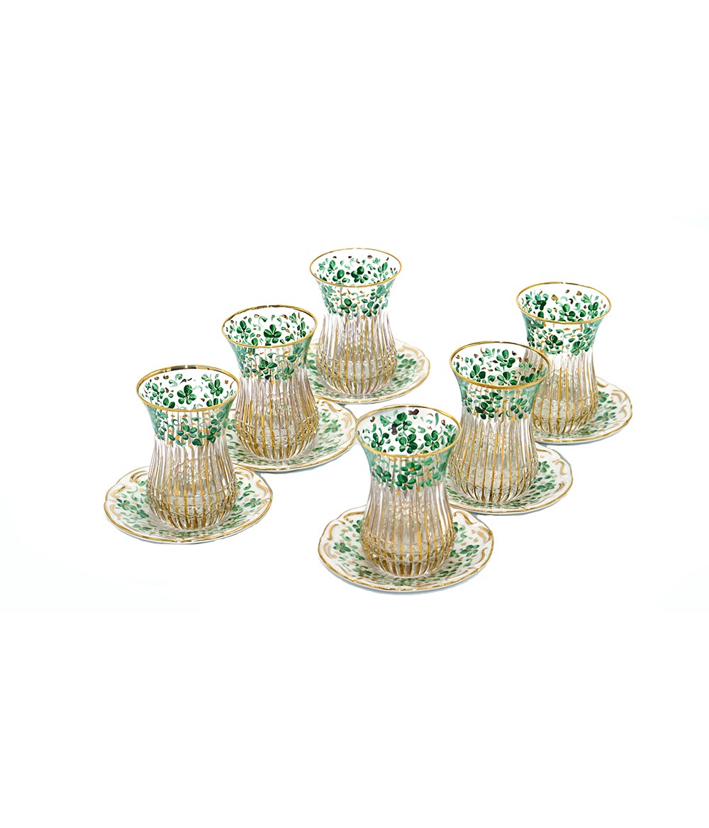 Tea Set With Golden Stripes Green | Haya House
