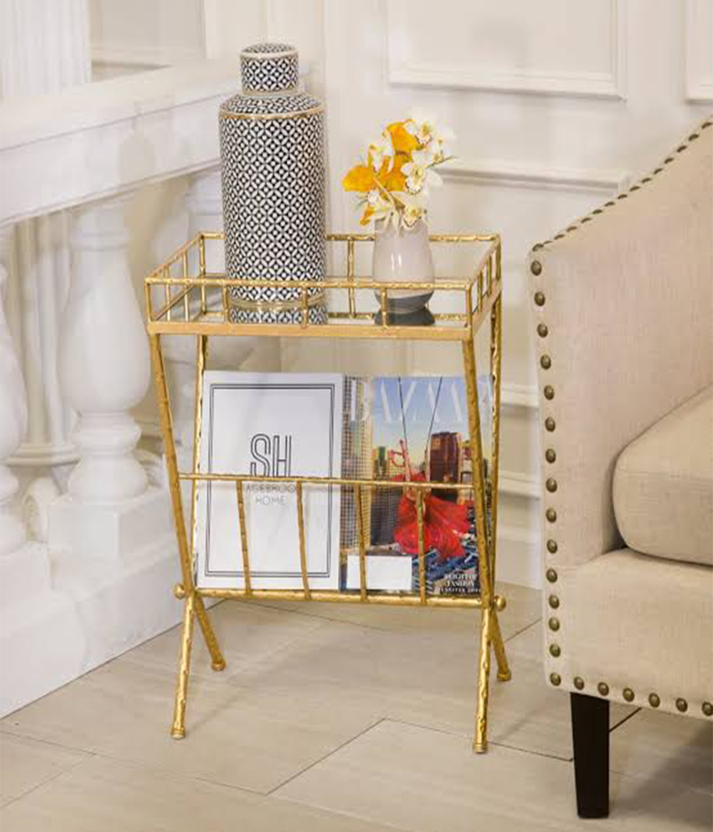 Metal & Glass Magazine Rack Accent Table, Gold | Haya House